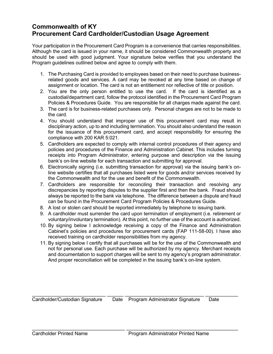 Kentucky Procurement Card Cardholder/Custodian Usage Agreement - Fill ...