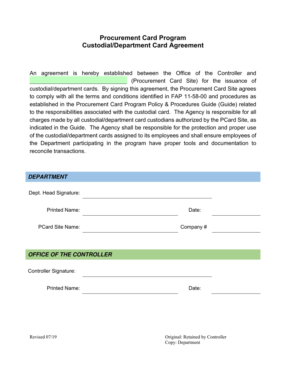 Kentucky Procurement Card Program Custodial/Department Card Agreement ...