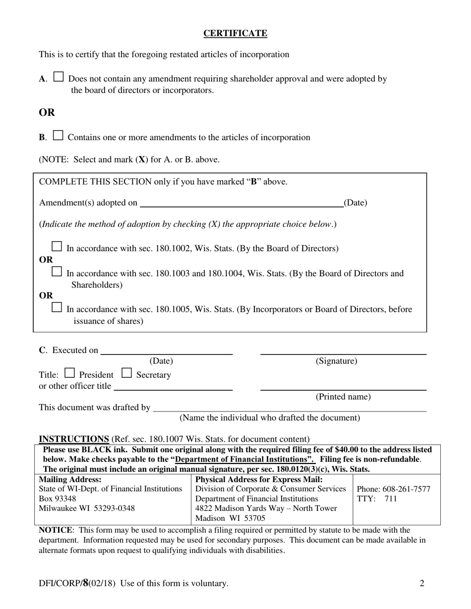 Form DFI/CORP/8 - Fill Out, Sign Online and Download Fillable PDF, Wisconsin | Templateroller