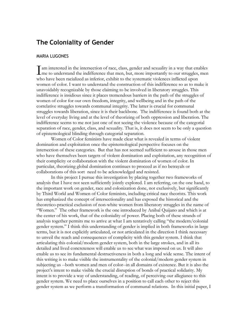 The Coloniality of Gender - Maria Lugones Download Printable PDF ...