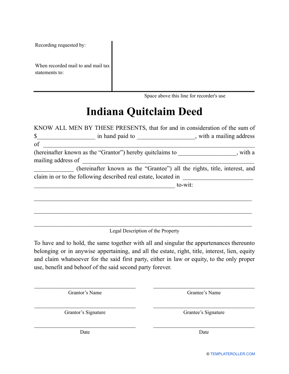 Indiana Quitclaim Deed Form Download Printable PDF Templateroller