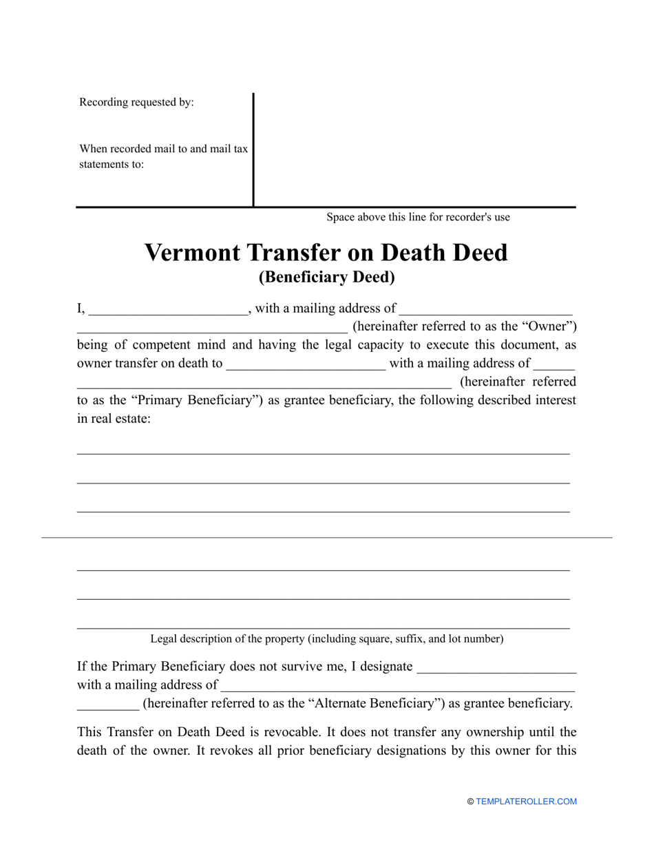 Vermont Transfer on Death Deed Form - Fill Out, Sign Online and Download PDF | Templateroller