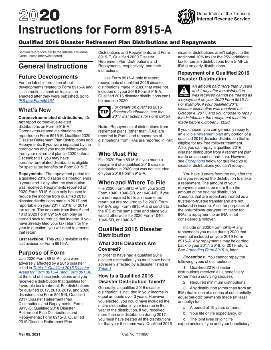 Download Instructions for IRS Form 8915-A Qualified 2016 Disaster ...