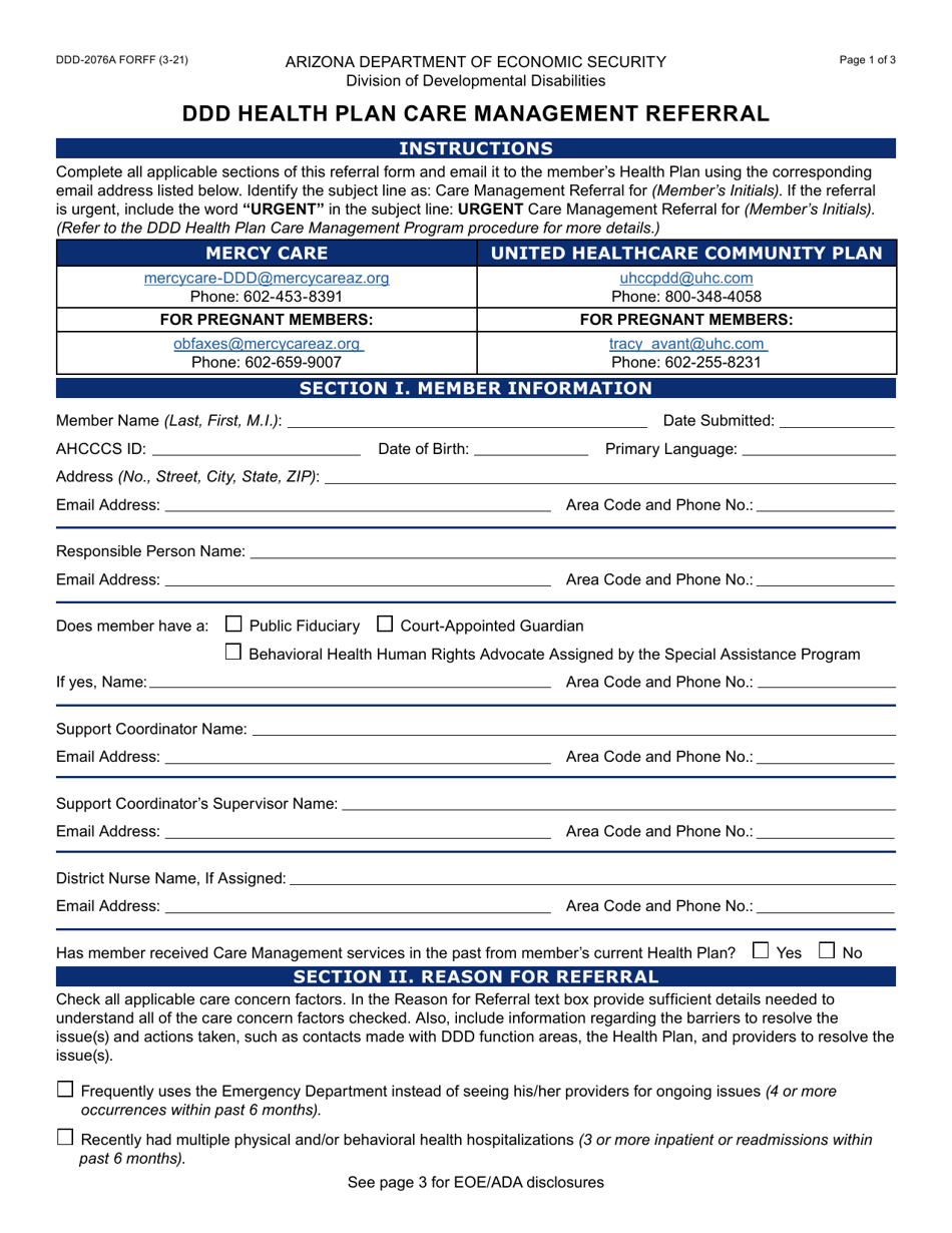 Form DDD-2076A Download Fillable PDF or Fill Online Ddd Health Plan Care Management Referral ...