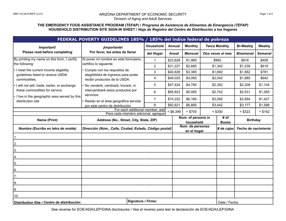 Form HRP-1013A Download Fillable PDF or Fill Online The Emergency Food ...
