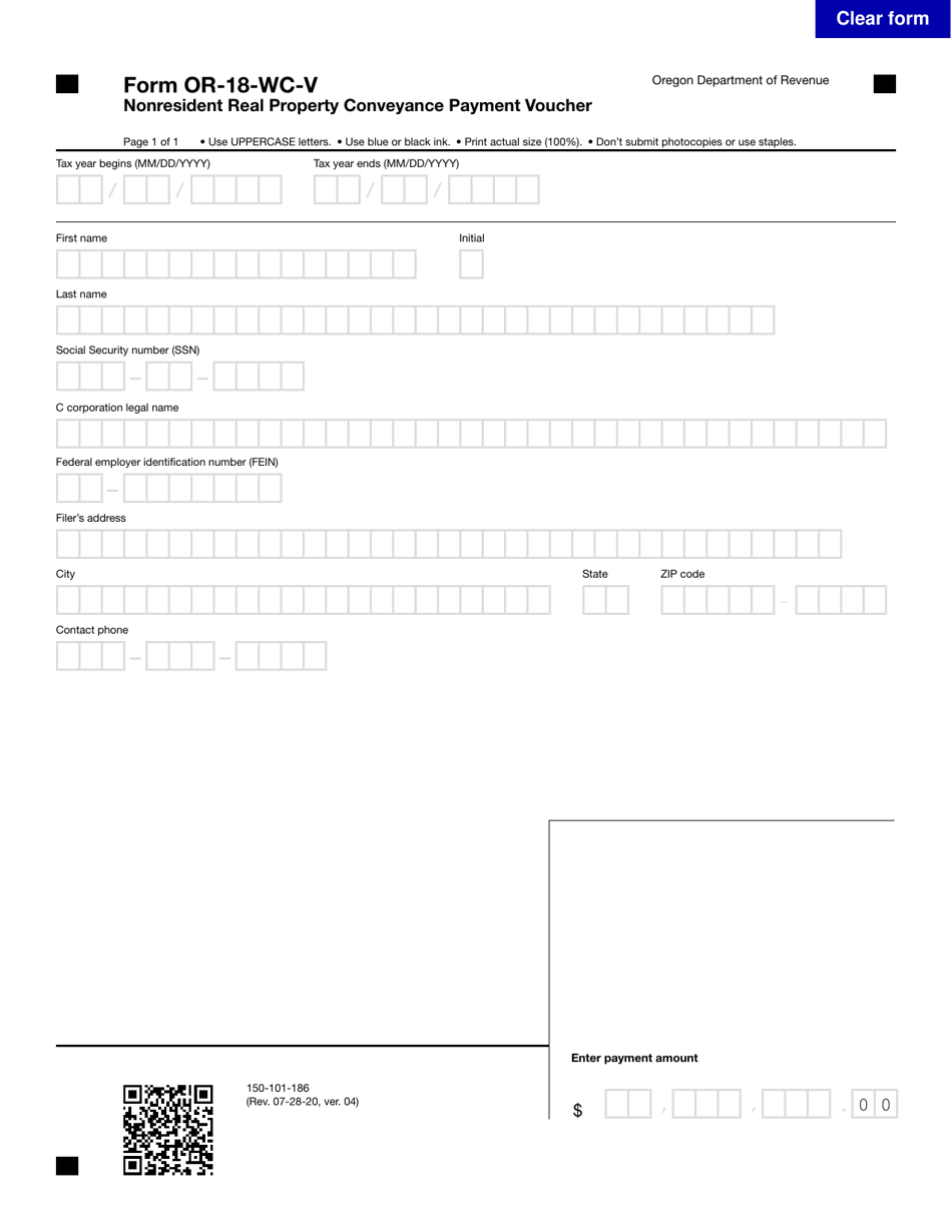 Form OR-18-WC-V (150-101-186) Download Fillable PDF or Fill Online Nonresident Real Property ...
