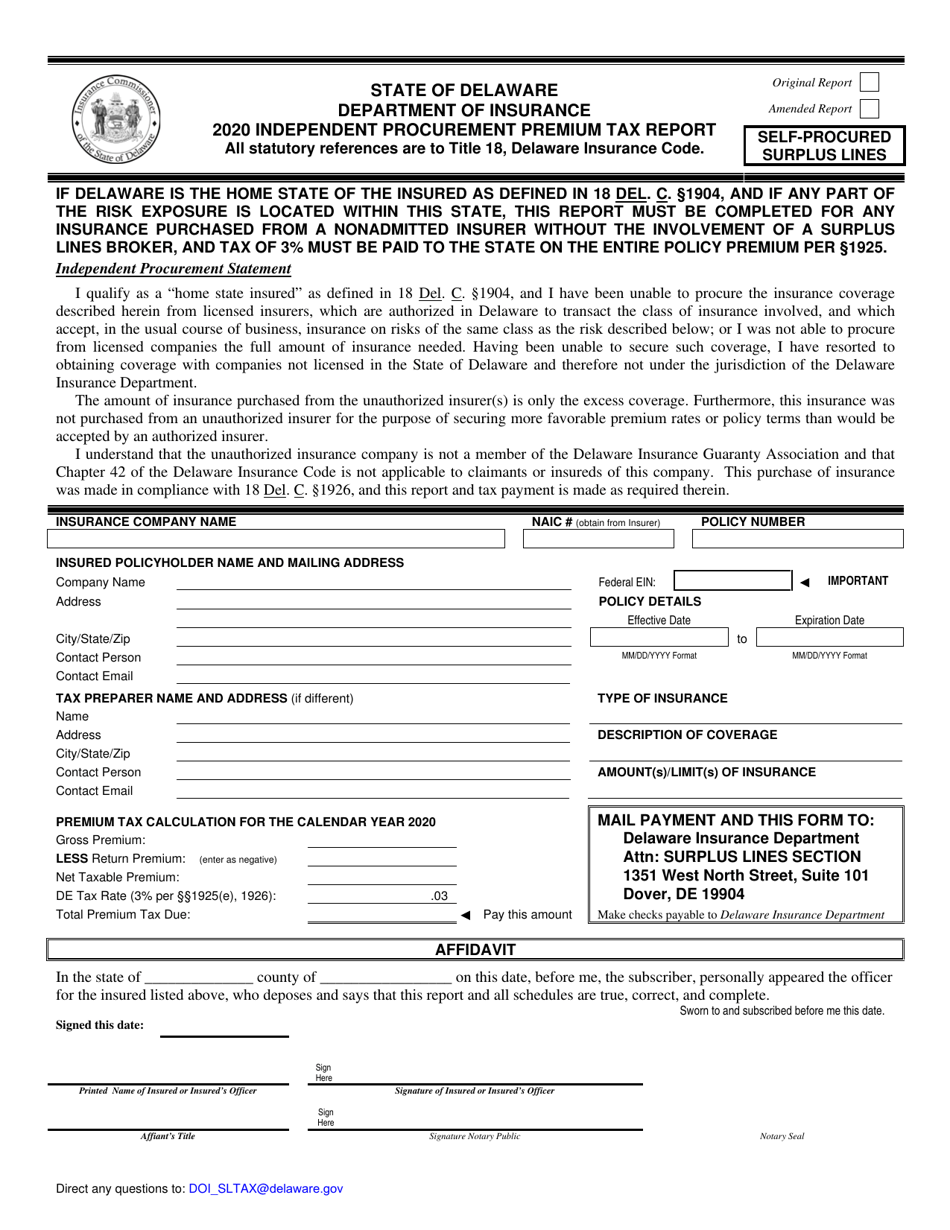 2020 Delaware Independent Procurement Premium Tax Report Download ...