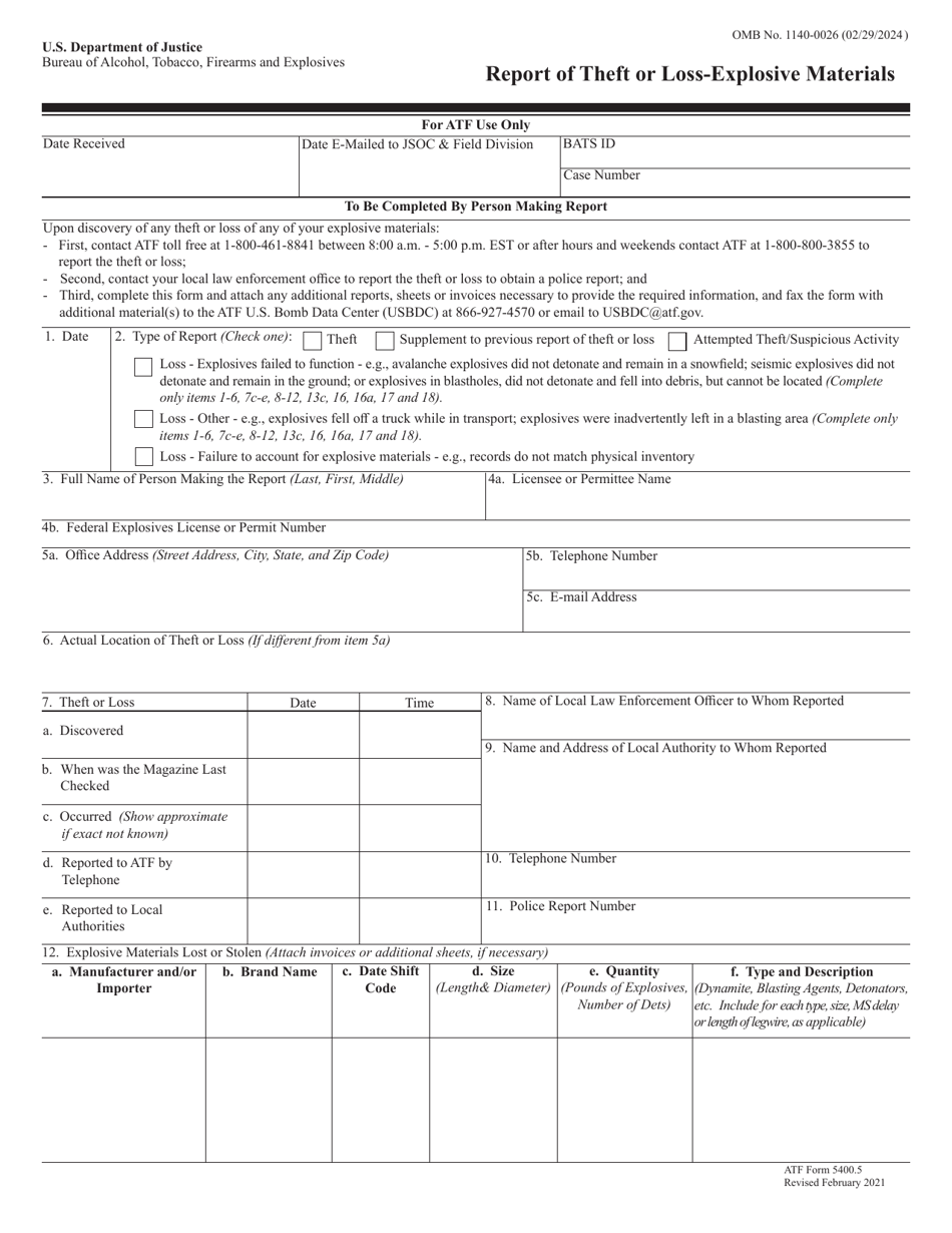 ATF Form 5400.5 Download Fillable PDF or Fill Online Report of Theft or ...
