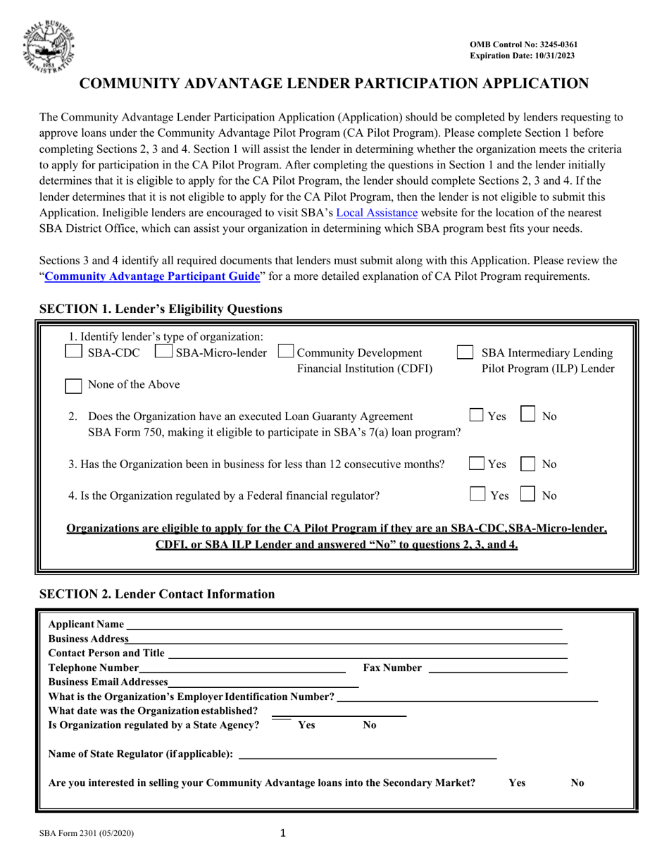 SBA Form 2301 Download Fillable PDF or Fill Online Community Advantage ...