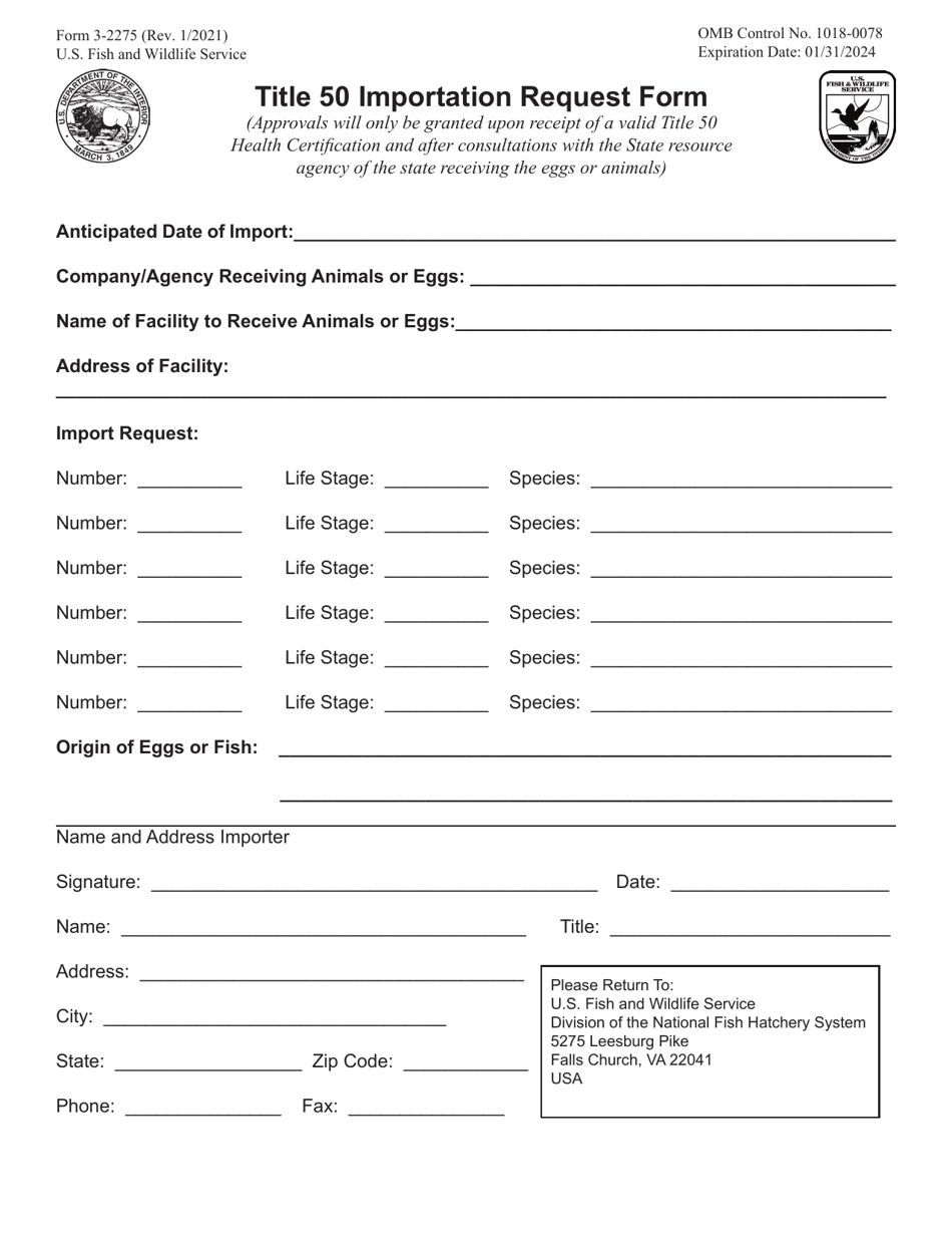 FWS Form 3-2275 Download Fillable PDF or Fill Online Title 50 Importation Request Form ...