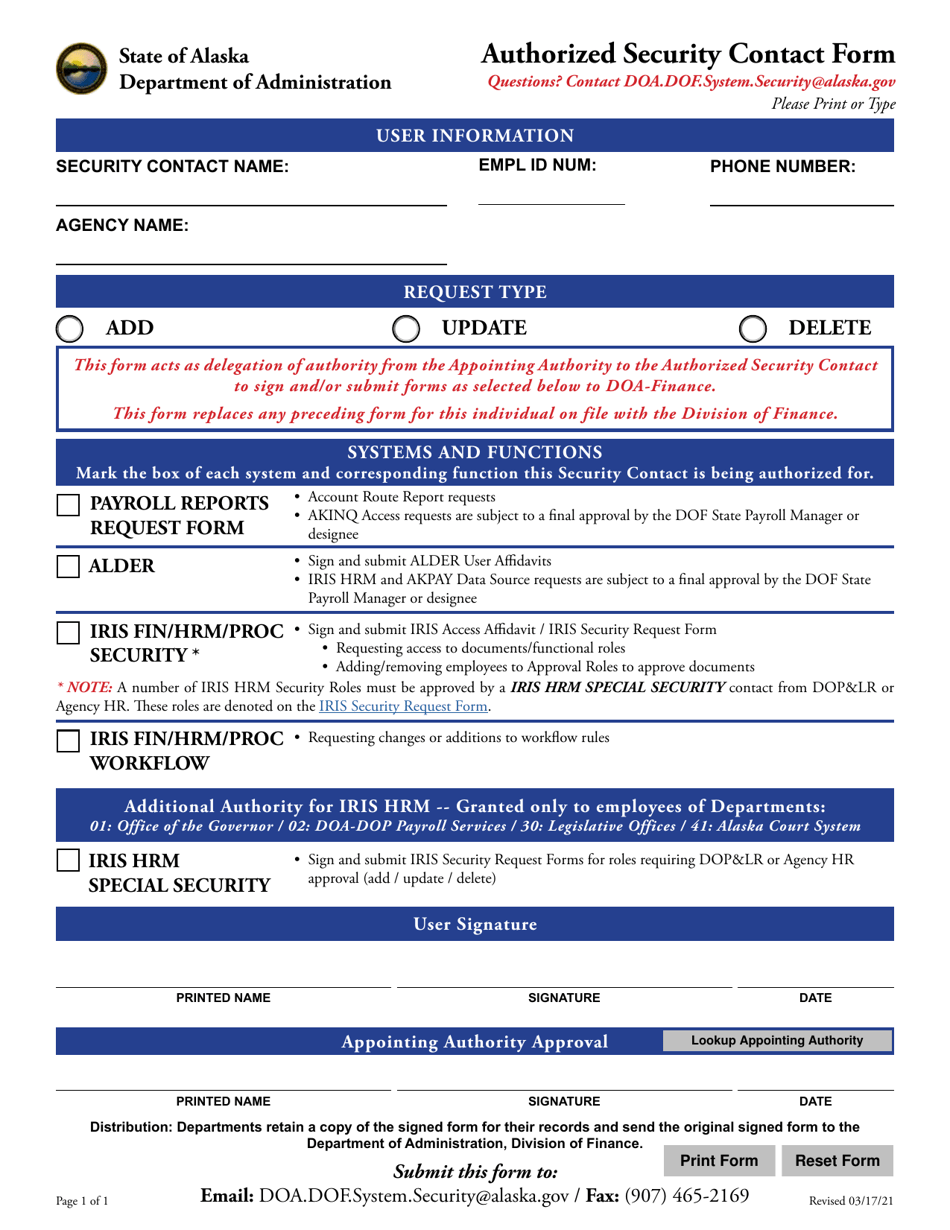 Alaska Authorized Security Contact Form Download Fillable PDF ...