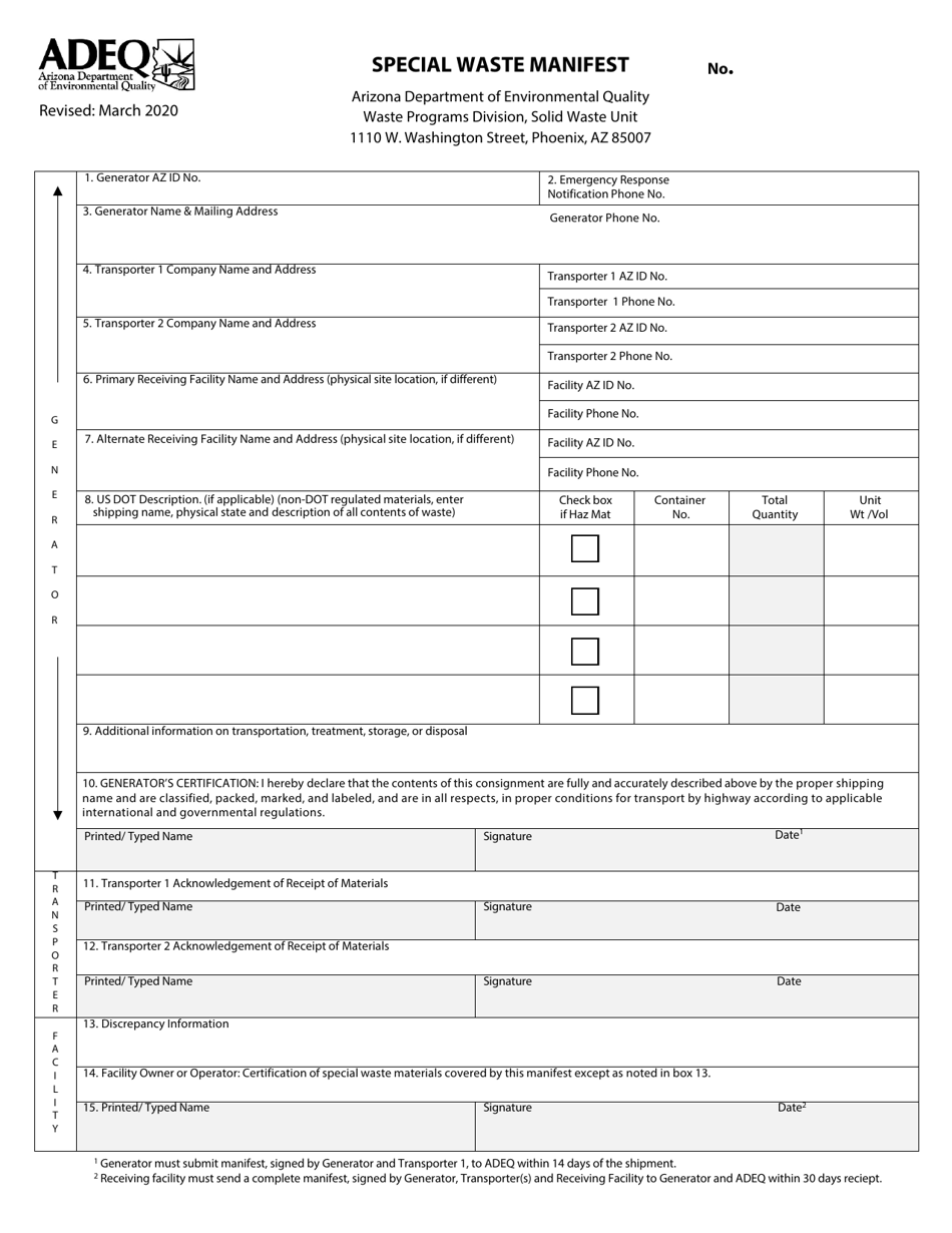 Arizona Special Waste Manifest - Fill Out, Sign Online and Download PDF ...