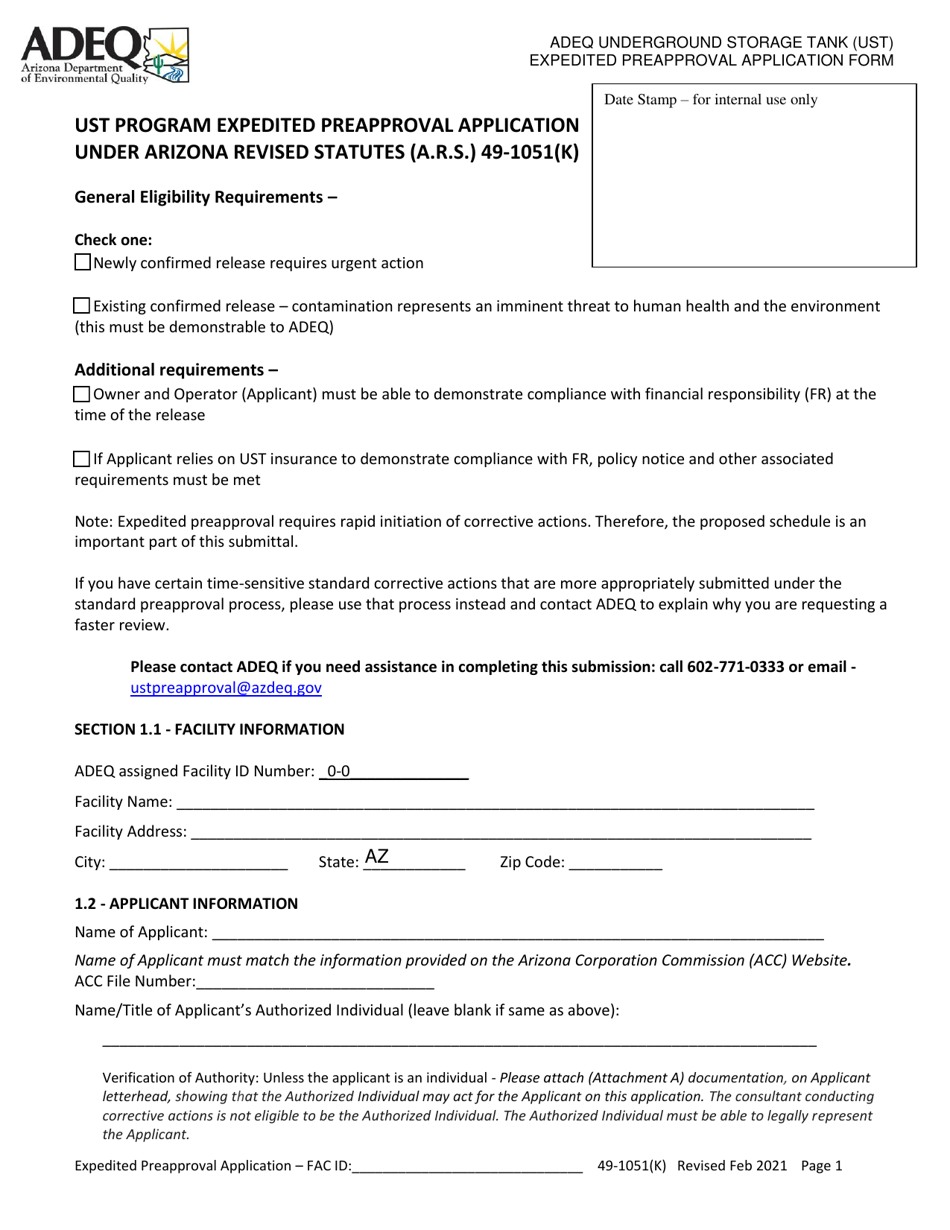 Arizona Adeq Underground Storage Tank (Ust) Expedited Preapproval ...