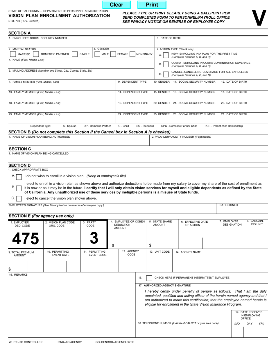 Form STD.700 Download Fillable PDF or Fill Online Vision Plan Enrollment Authorization ...