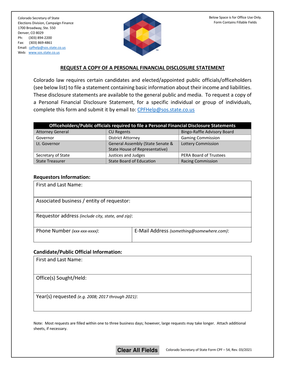 Form CPF-54 - Fill Out, Sign Online and Download Fillable PDF, Colorado ...