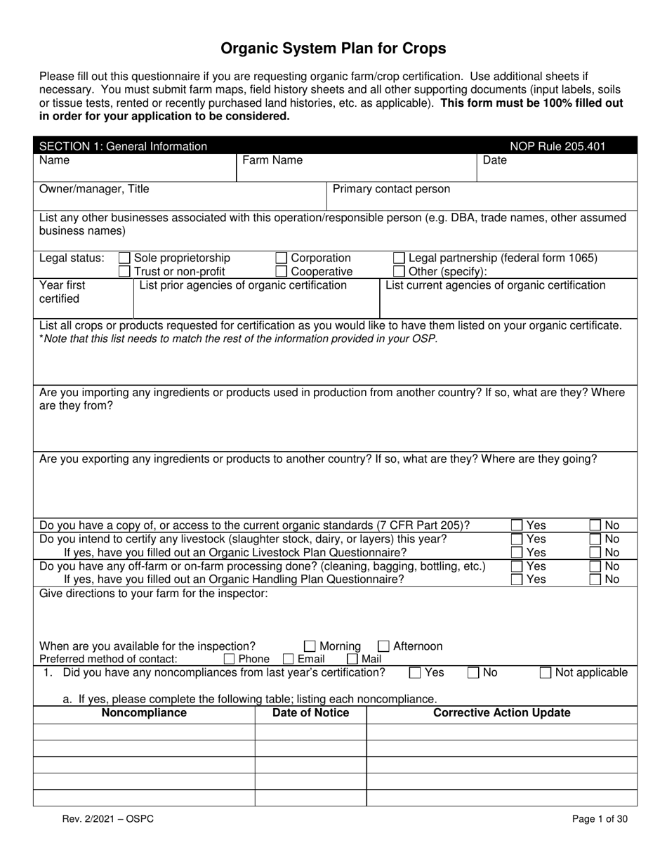 Idaho Organic System Plan for Crops Download Printable PDF | Templateroller