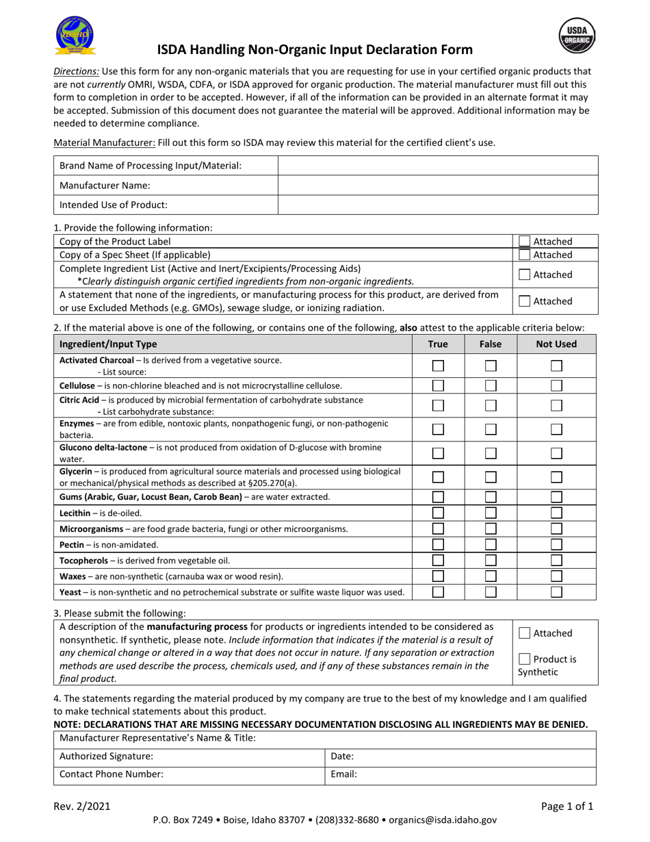 Idaho Isda Handling Non-organic Input Declaration Form - Fill Out, Sign ...