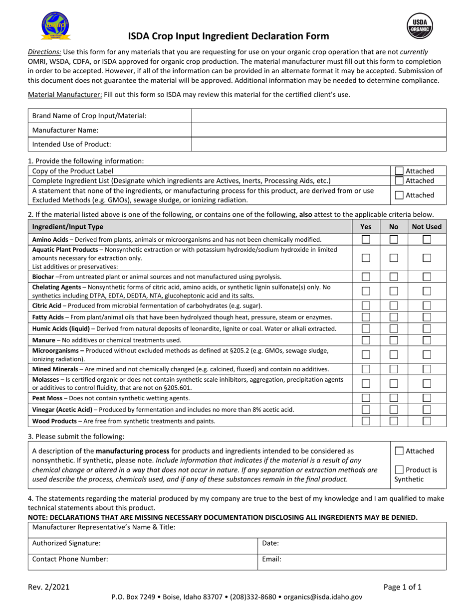 Idaho Isda Crop Input Ingredient Declaration Form - Fill Out, Sign ...