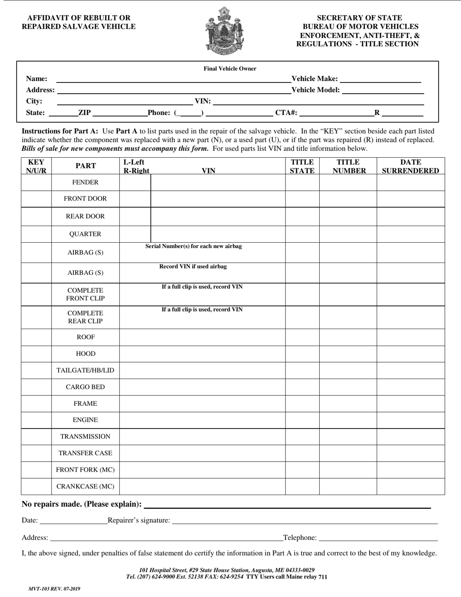 Form MVT-103 Download Printable PDF or Fill Online Affidavit of Rebuilt ...