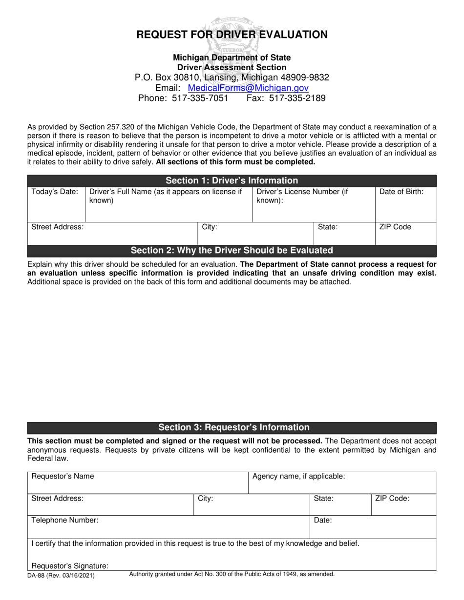 Form DA-88 - Fill Out, Sign Online and Download Fillable PDF, Michigan ...