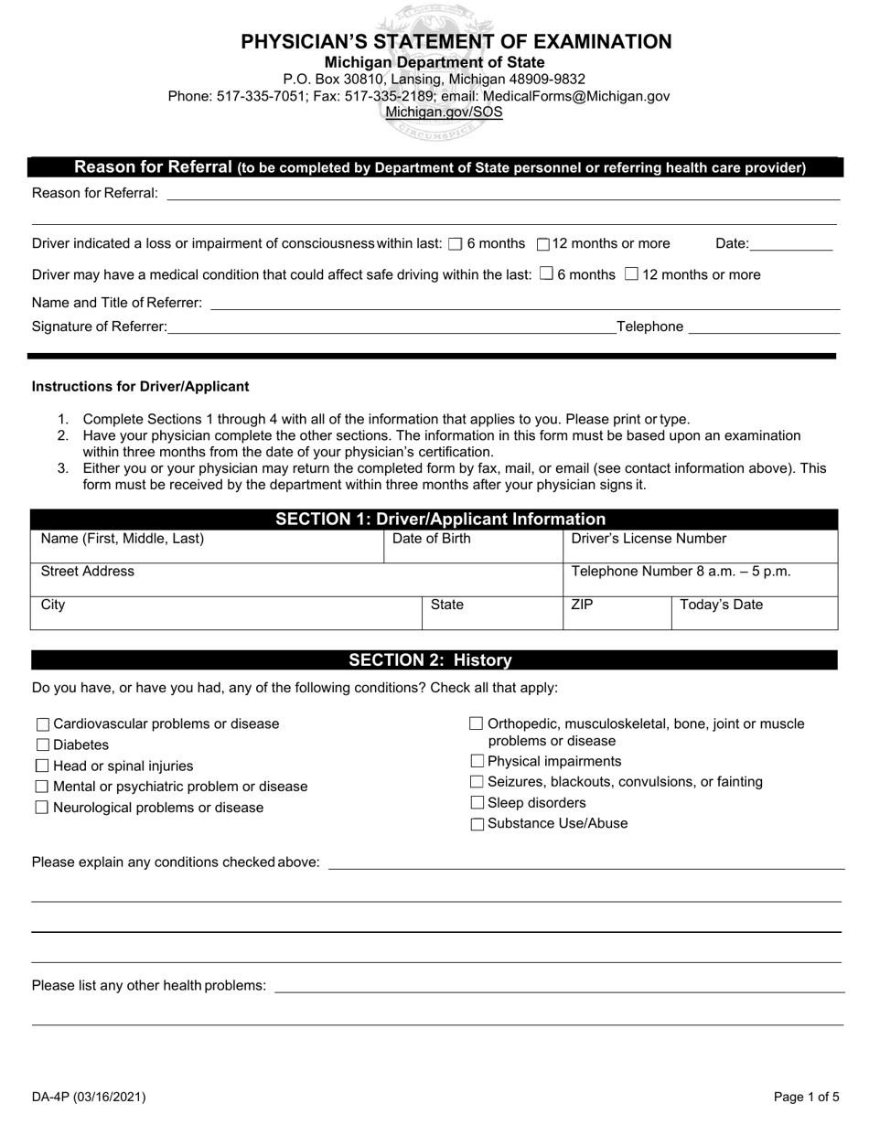 Form DA 4P Fill Out Sign Online And Download Fillable PDF Michigan