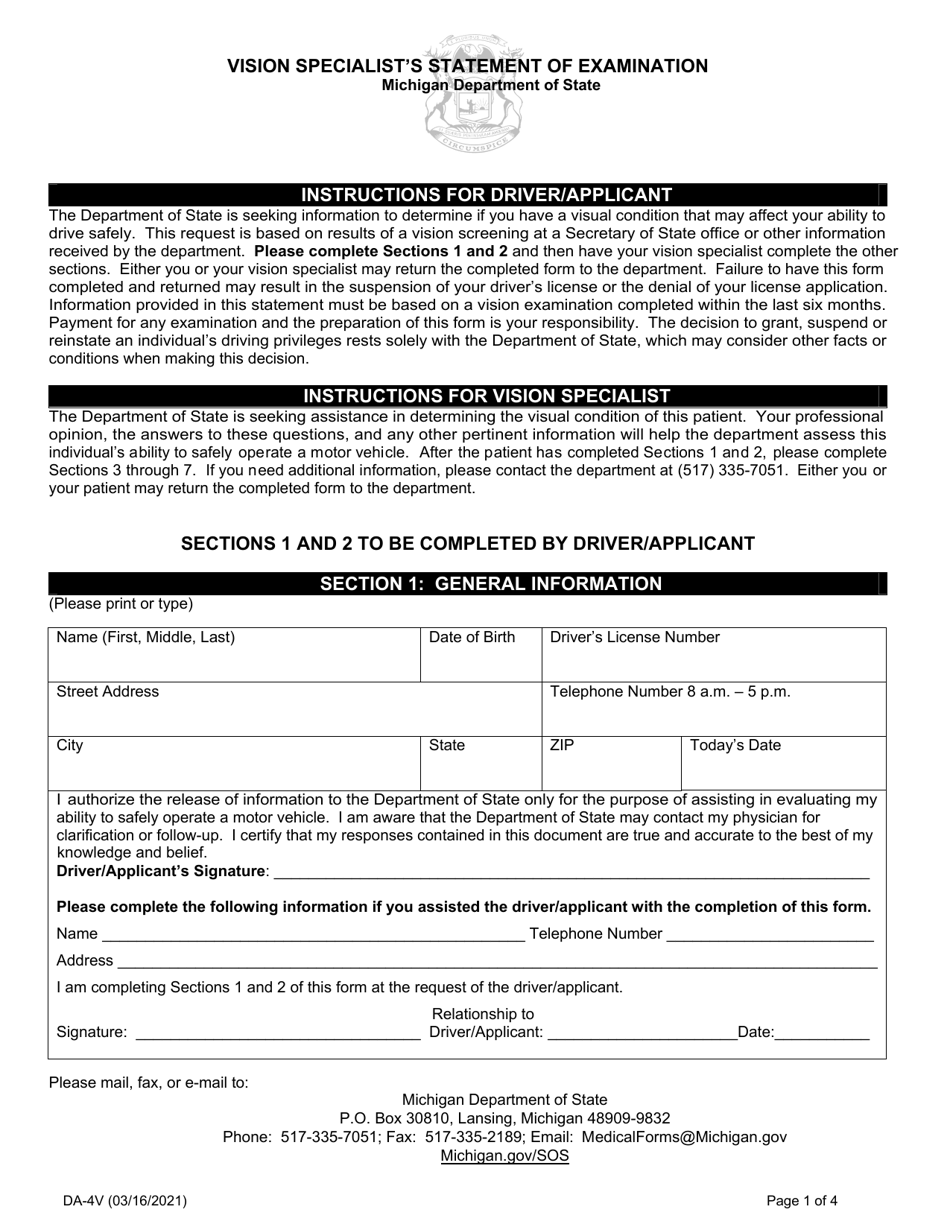 Form DA-4V - Fill Out, Sign Online and Download Fillable PDF, Michigan ...