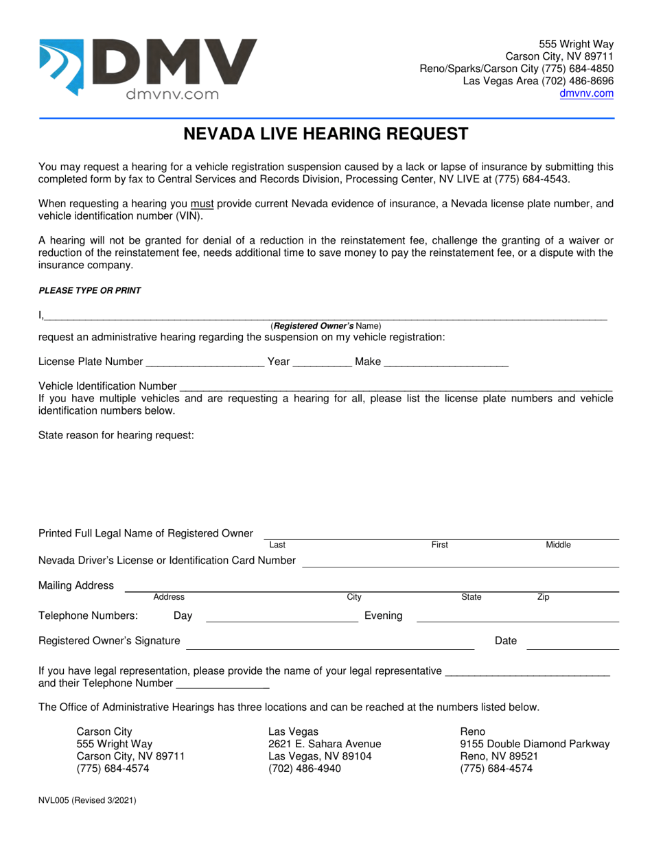 Form NVL005 Download Fillable PDF or Fill Online Nevada Live Hearing ...