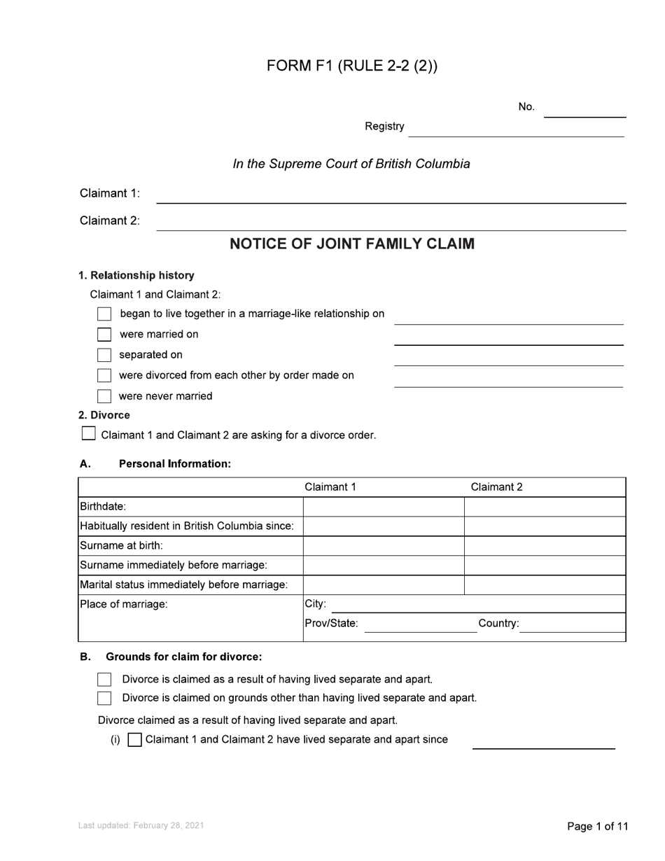 Form F1 Download Fillable PDF or Fill Online Notice of Joint Family ...