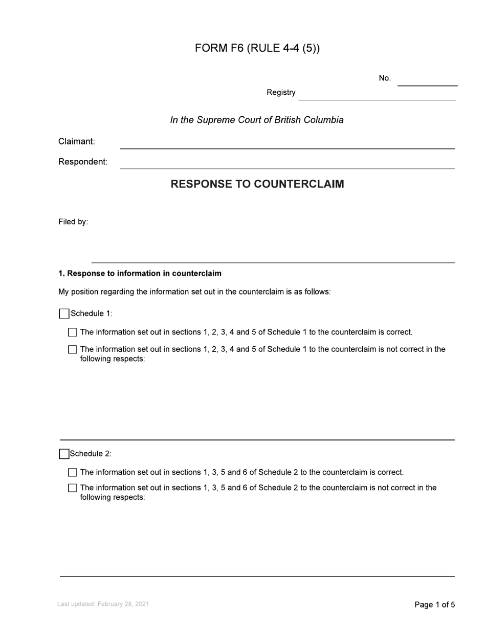 Form F6 Download Fillable PDF or Fill Online Response to Counterclaim ...