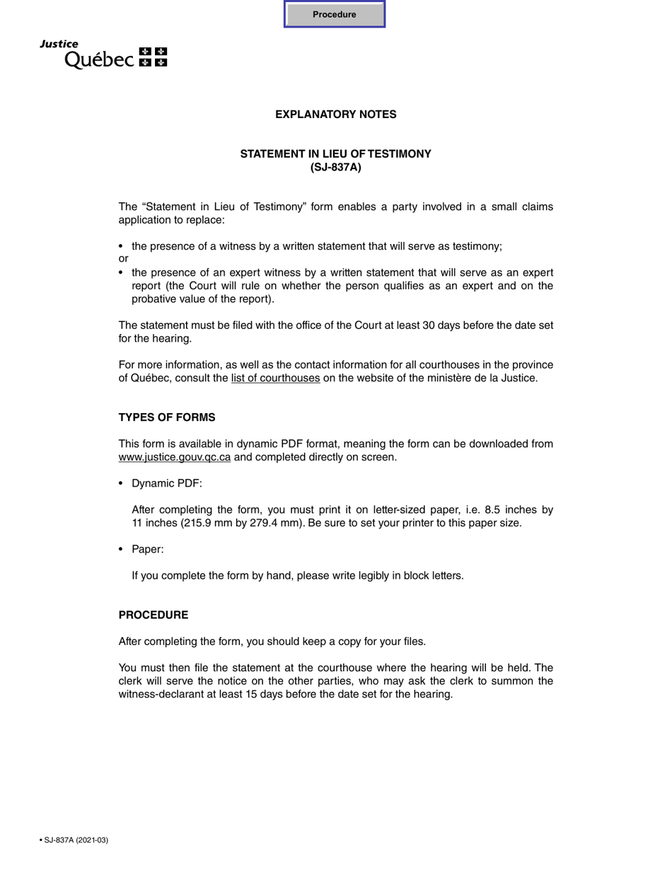 Form SJ-837A Download Fillable PDF or Fill Online Statement in Lieu ...