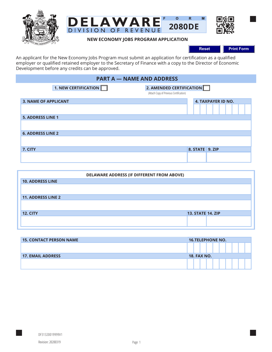 Form 2080DE Download Fillable PDF or Fill Online New Economy Jobs ...