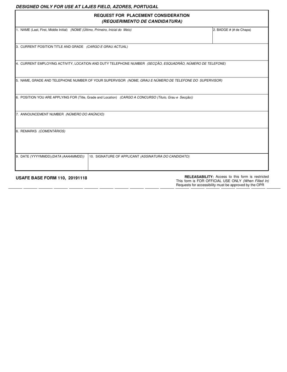 USAFE BASE Form 110 - Fill Out, Sign Online and Download Fillable PDF ...