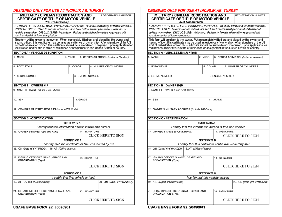 USAFE BASE Form 92 - Fill Out, Sign Online and Download Fillable PDF ...