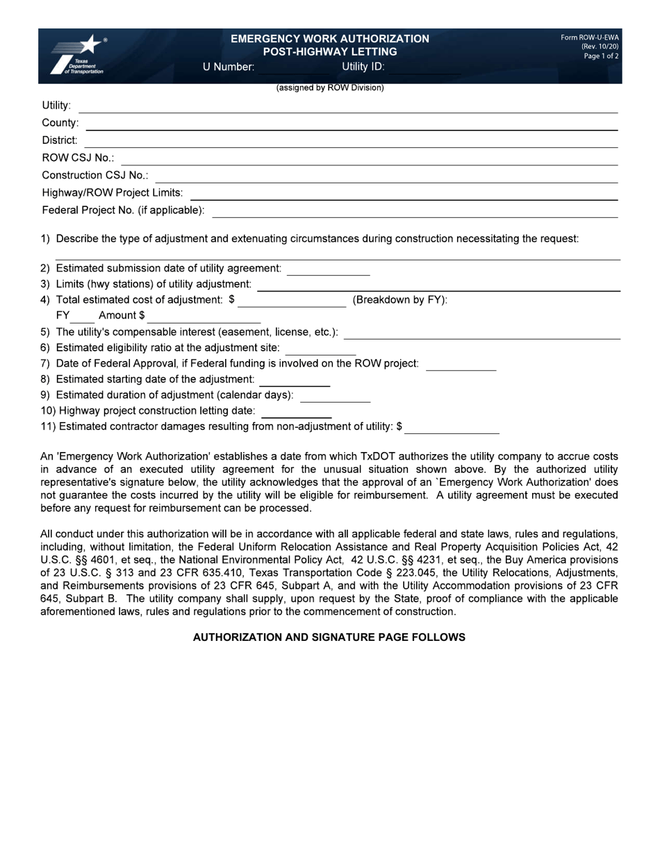 Form ROW-U-EWA - Fill Out, Sign Online and Download Fillable PDF, Texas ...