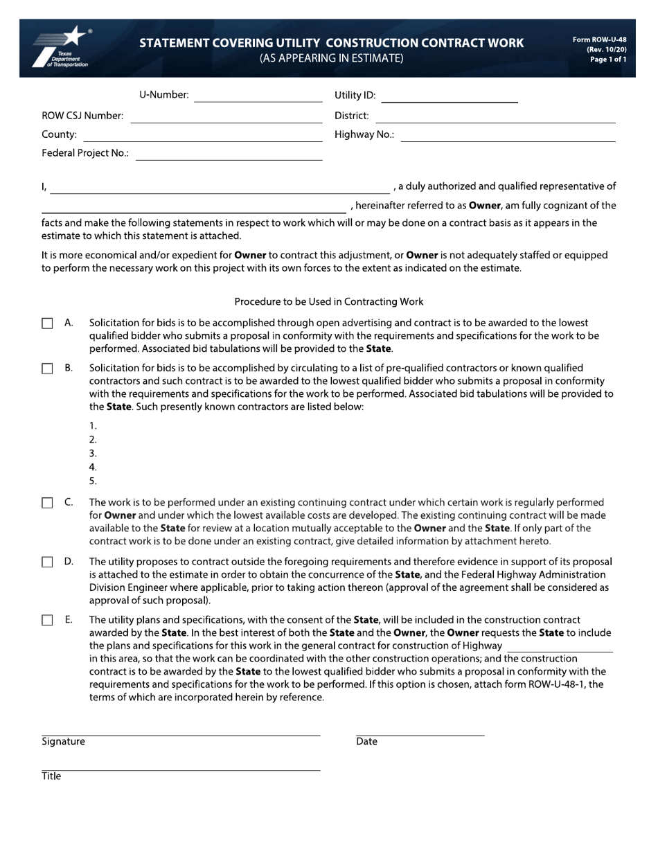 Form ROW-U-48 Download Fillable PDF or Fill Online Statement Covering ...