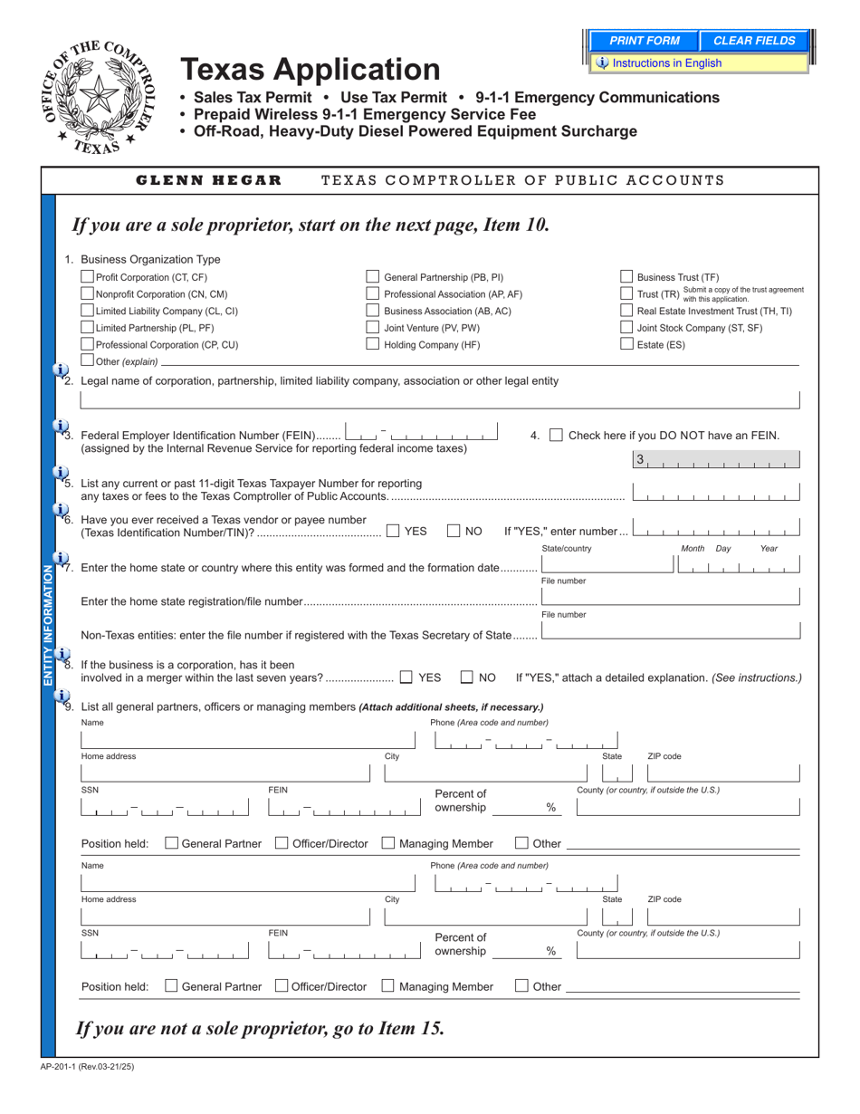 Form AP-201 Download Fillable PDF or Fill Online Texas Application for ...