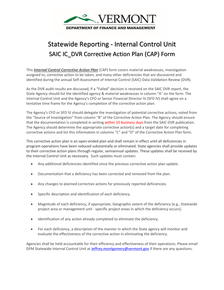Vermont Saic Ic_dvr Corrective Action Plan (CAP) Form - Fill Out, Sign ...