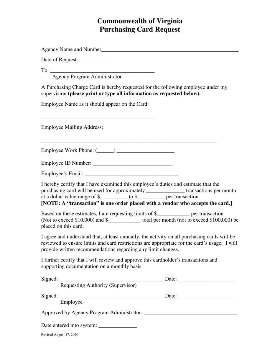 Virginia Purchasing Card Request - Fill Out, Sign Online and Download ...