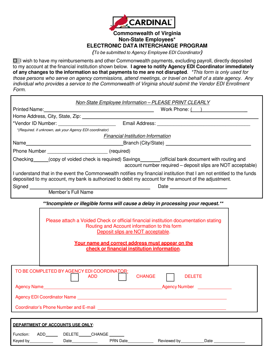 Virginia Cardinal Non-state Employee Edi Enrollment Form - Fill Out, Sign Online and Download ...