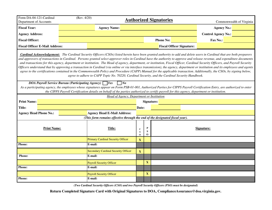 Form DA-04-121 - Fill Out, Sign Online and Download Fillable PDF ...
