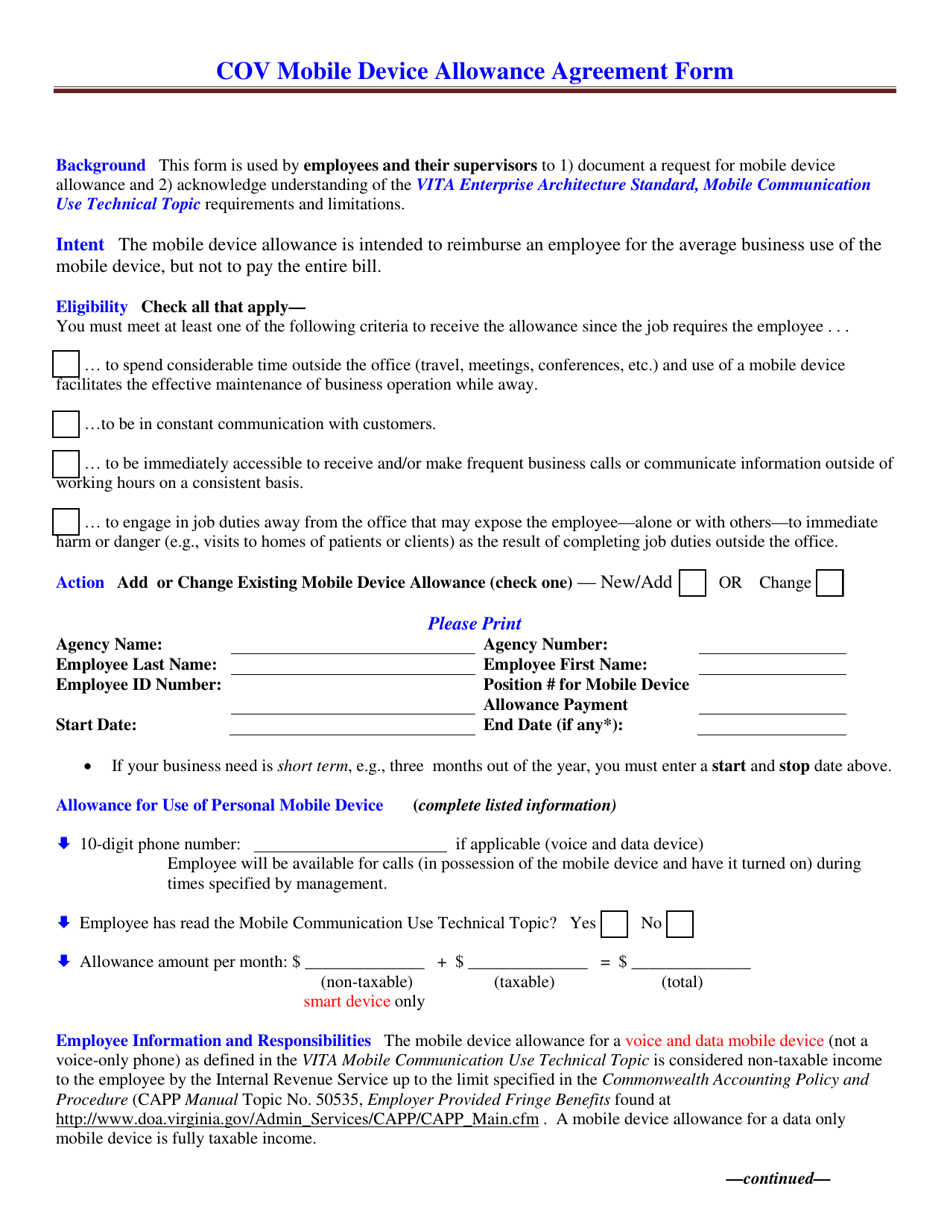 Virginia Cov Mobile Device Allowance Agreement Form - Fill Out, Sign ...