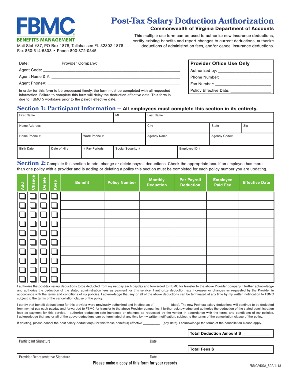Virginia Post-tax Salary Deduction Authorization - Fill Out, Sign ...