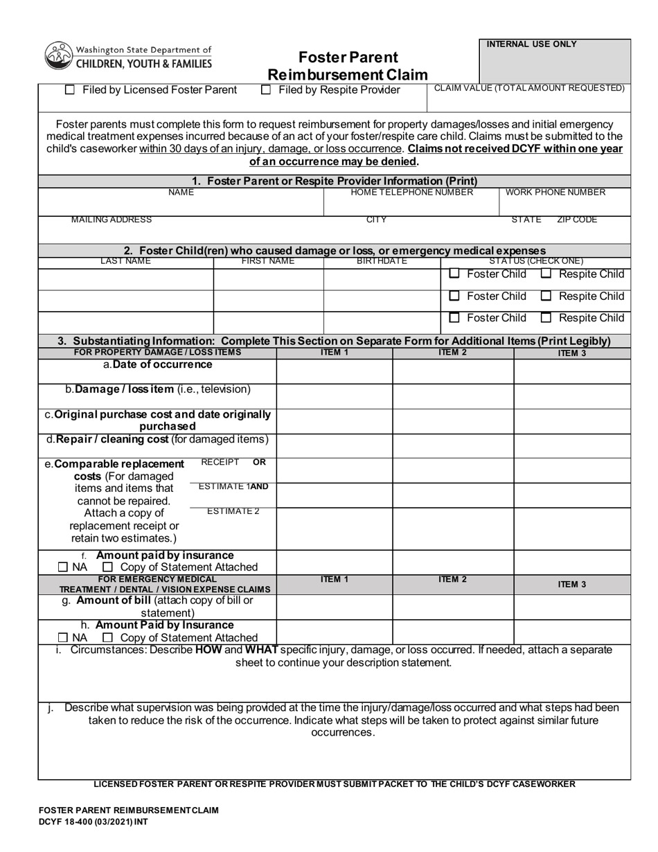 DCYF Form 18-400 Download Fillable PDF or Fill Online Foster Parent ...