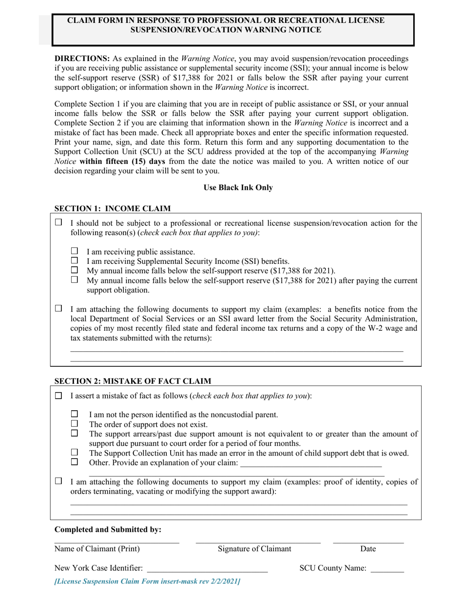 New York Claim Form in Response to Professional or Recreational License ...