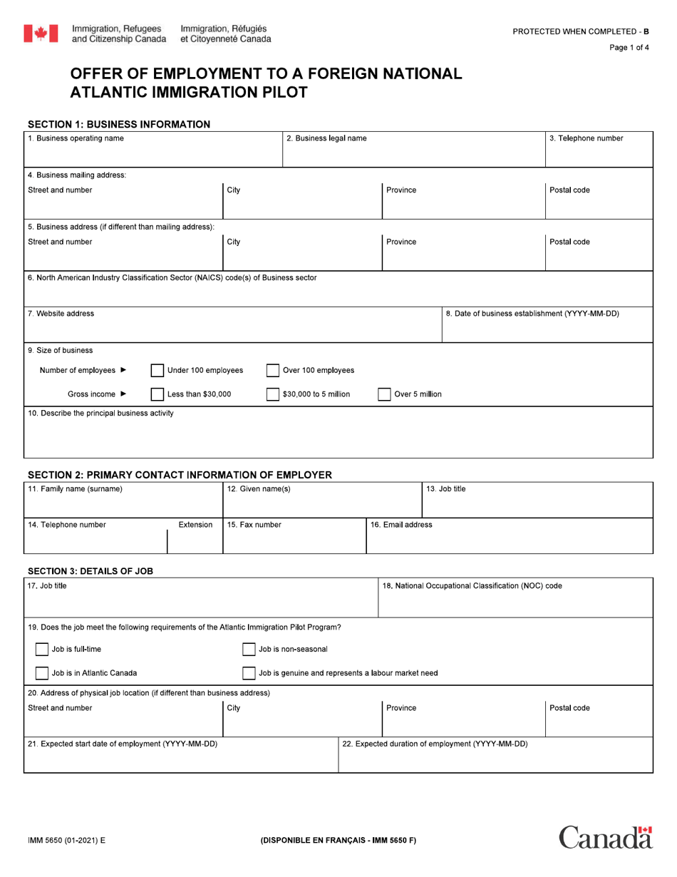 Form IMM5650 Download Fillable PDF Offer of Employment to a Foreign ...