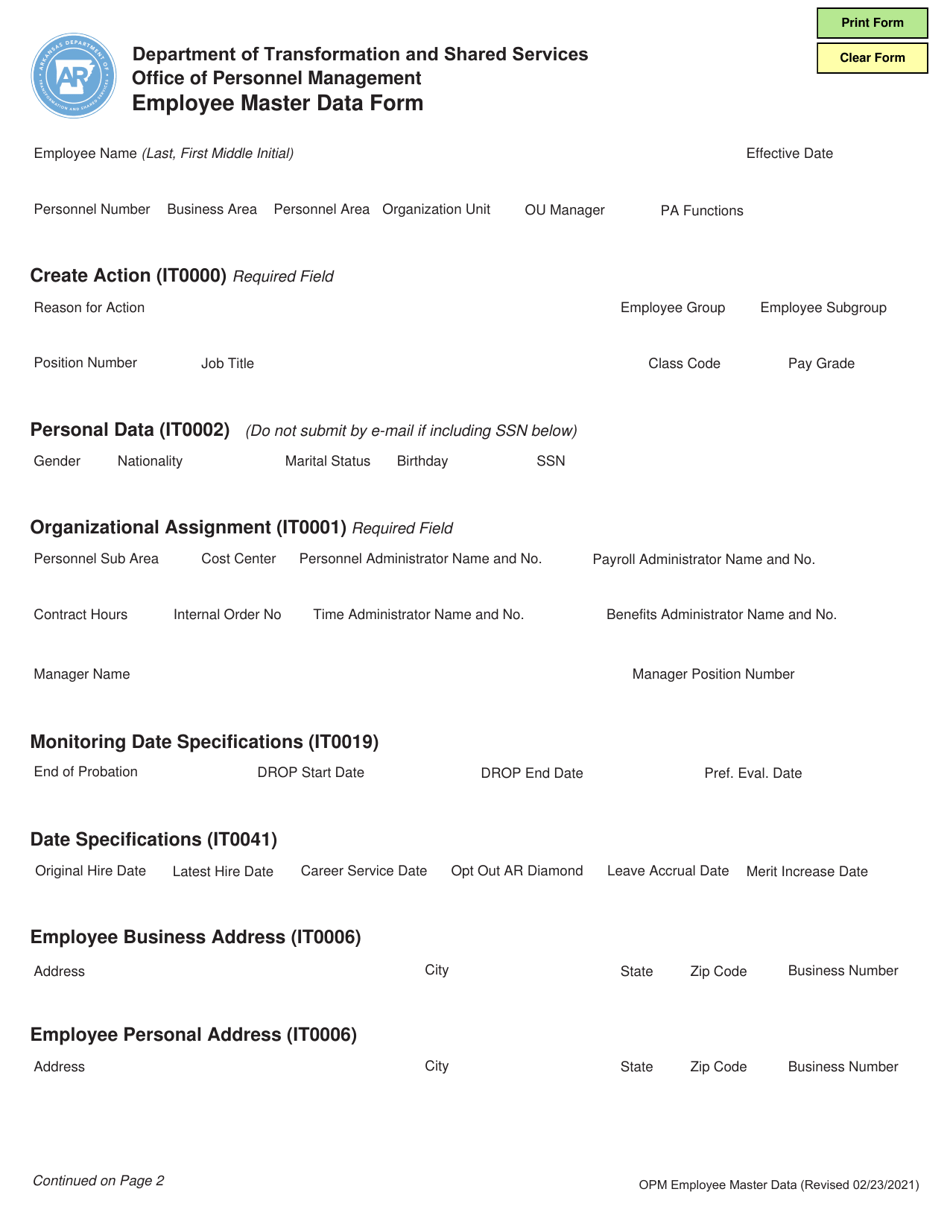 Arkansas Employee Master Data Form Download Fillable PDF | Templateroller