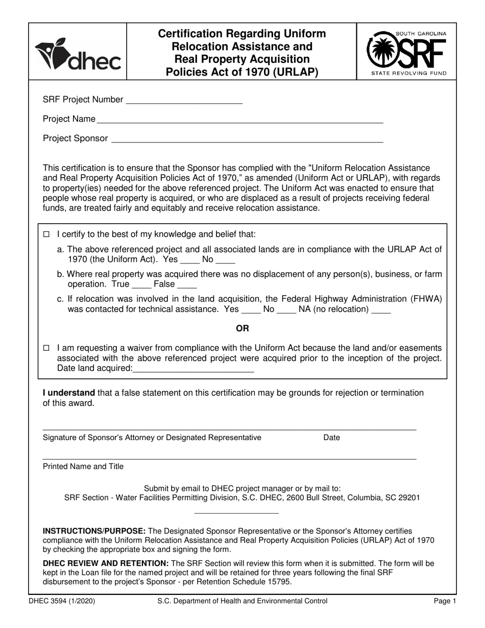 DHEC Form 3594 Download Fillable PDF or Fill Online Certification ...