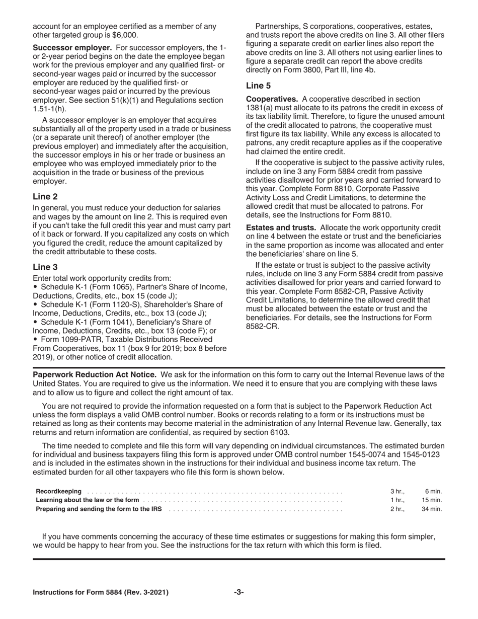 Download Instructions For IRS Form 5884 Work Opportunity Credit PDF