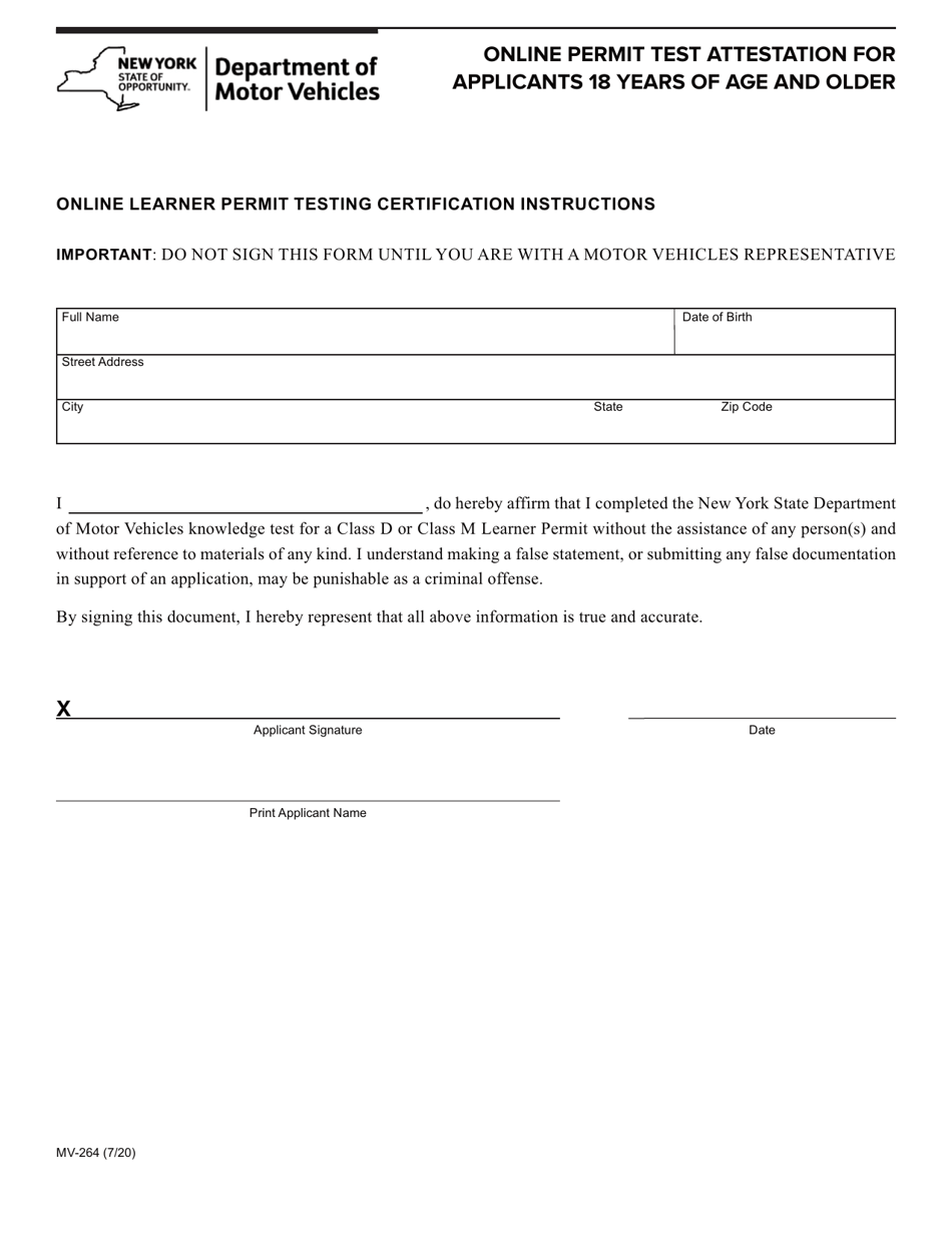 Form MV-264 - Fill Out, Sign Online and Download Fillable PDF, New York ...