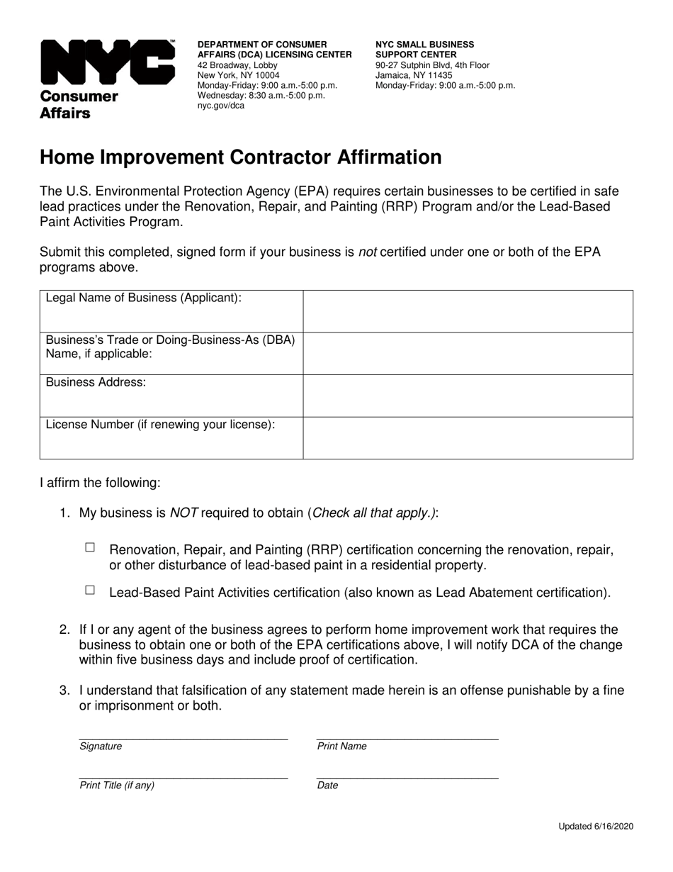 New York City Home Improvement Contractor Affirmation - Fill Out, Sign Online and Download PDF ...